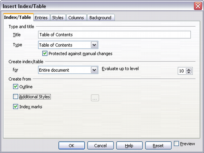 Customizing a Table of Contents - Apache OpenOffice Wiki